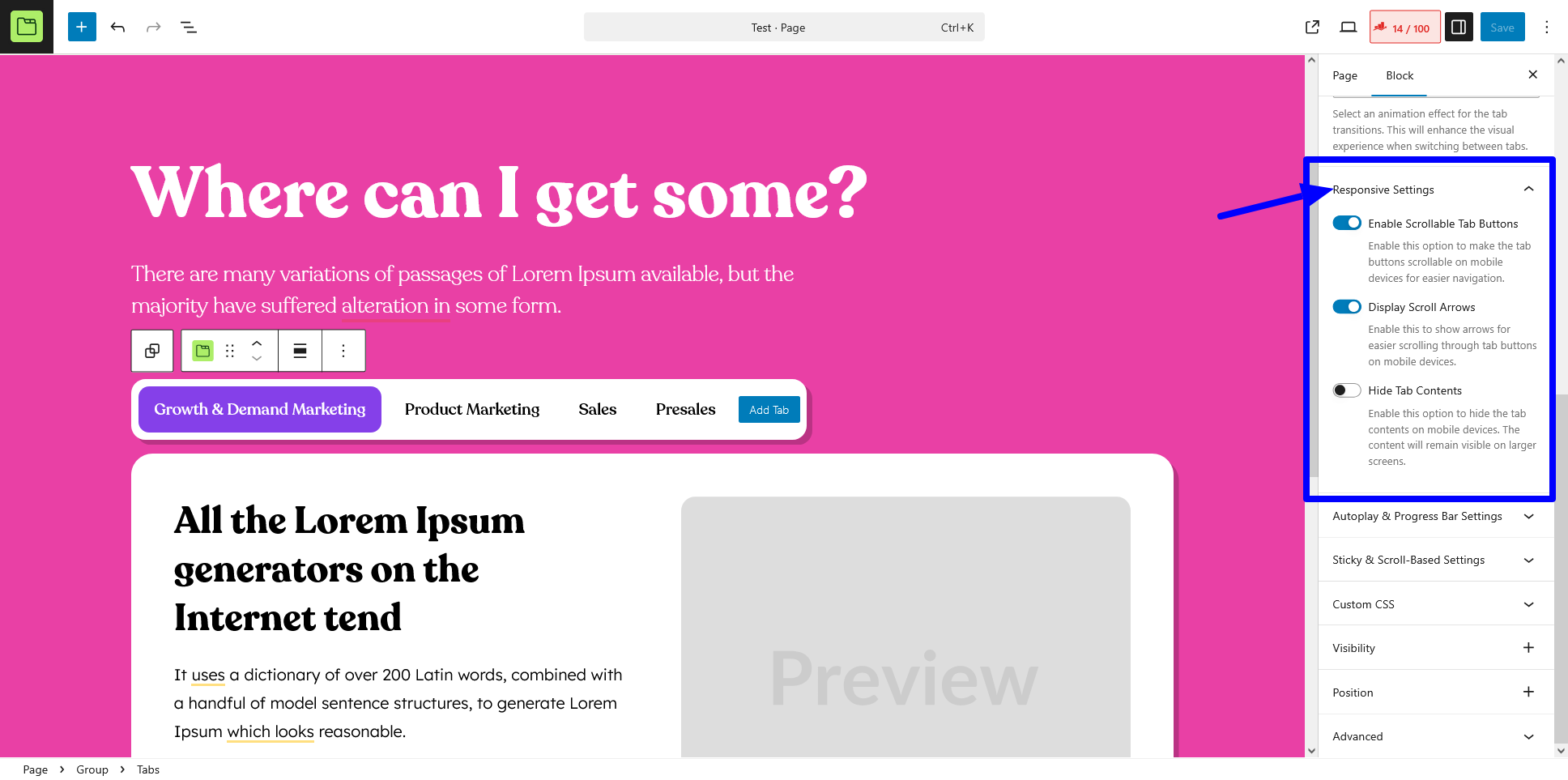Responsive Tab Settings - Easy Tabs Block