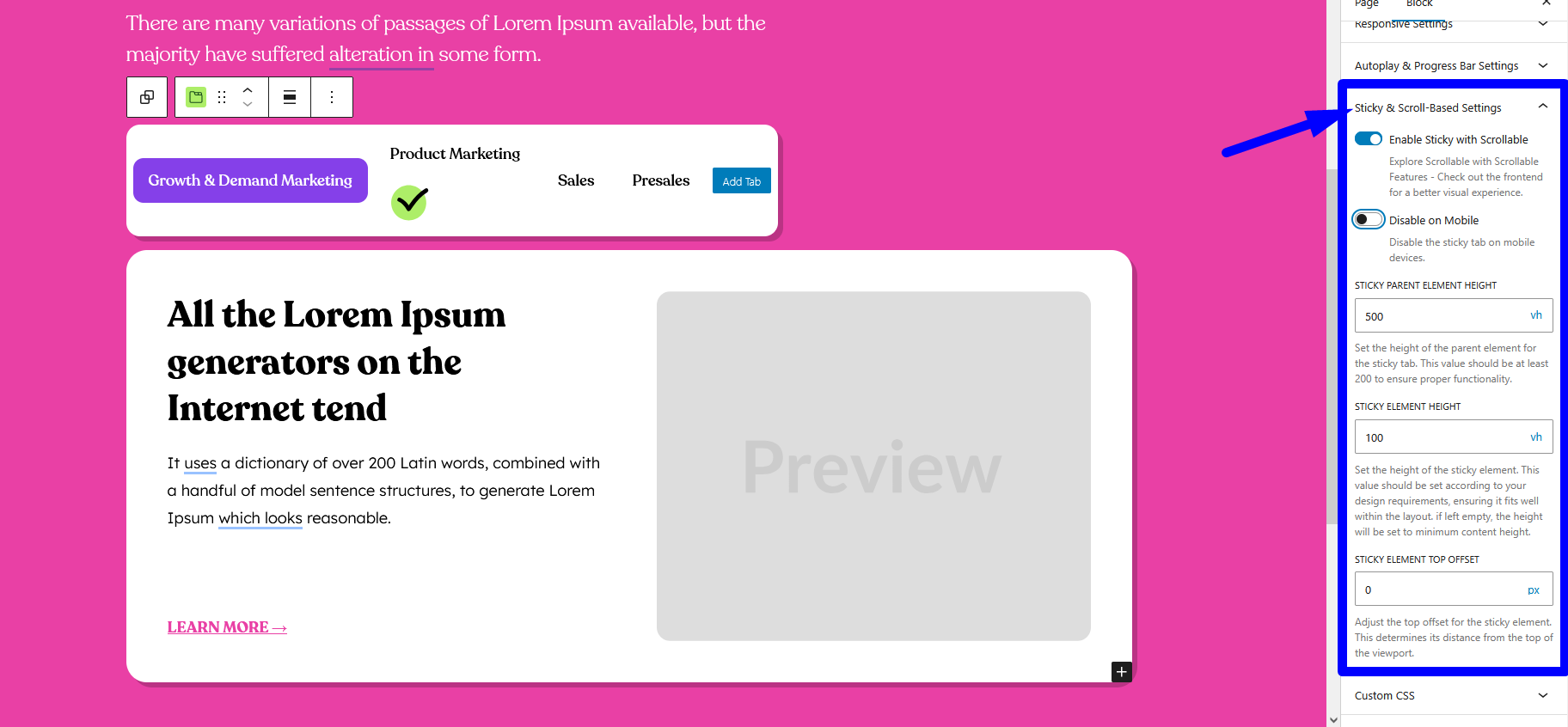 Sticky & Scroll-Based Tabs - Easy Tabs Block